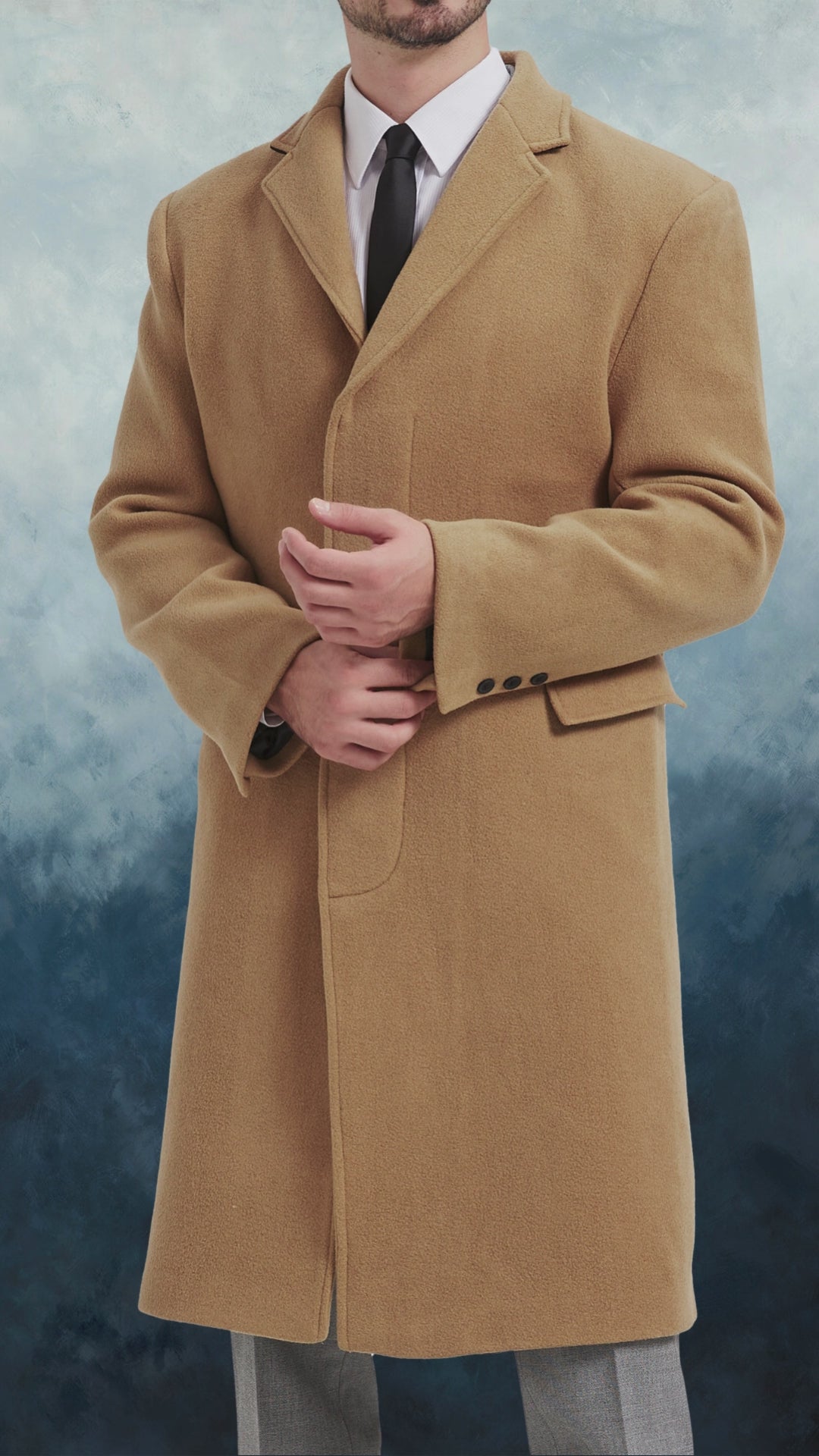 Men's Camel Wool Cashmere Bond Overcoat Single Breasted Black Lining ...