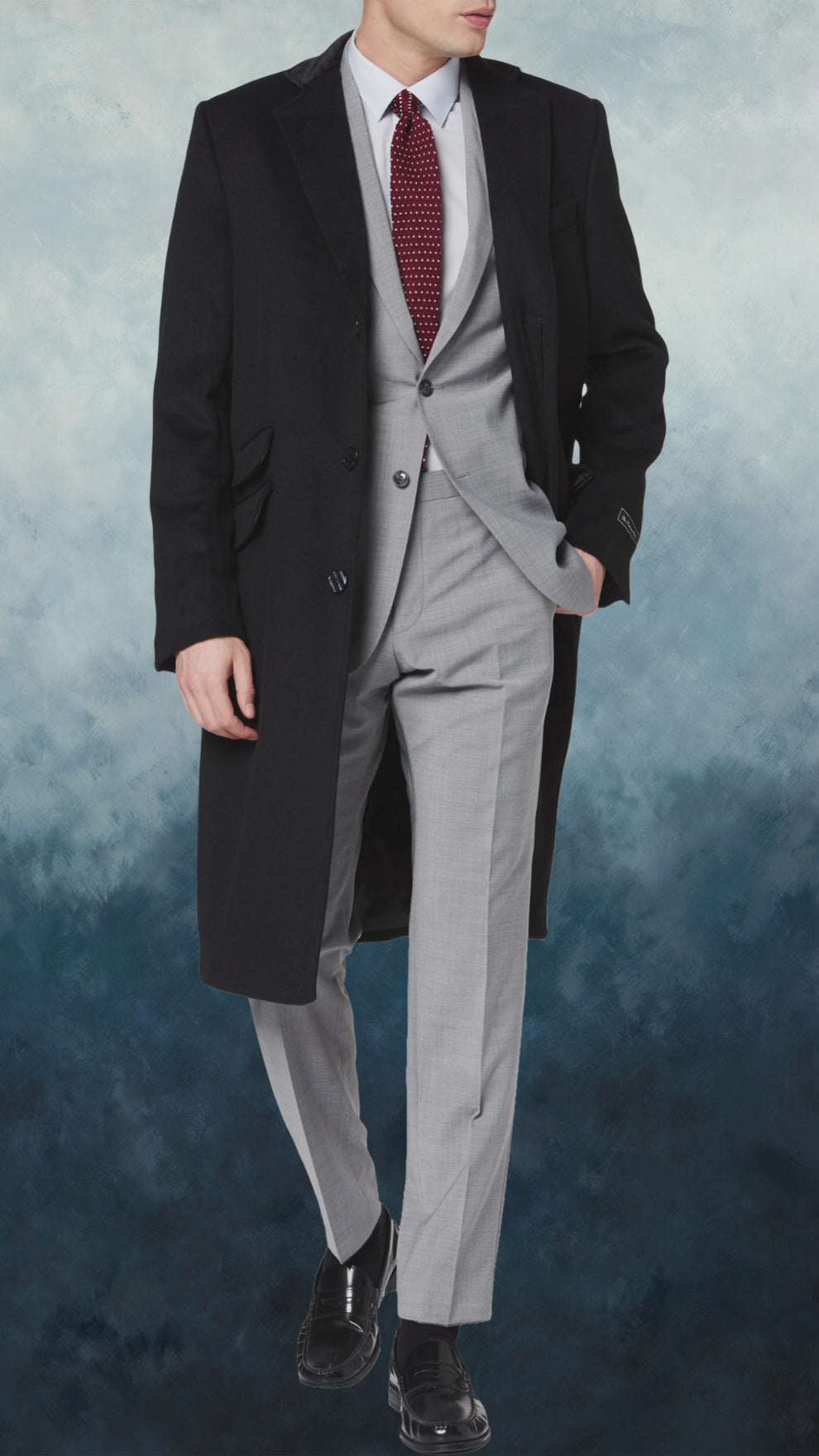 Mens Black Wool Cashmere Long Overcoat Covert Velvet Collar – The ...