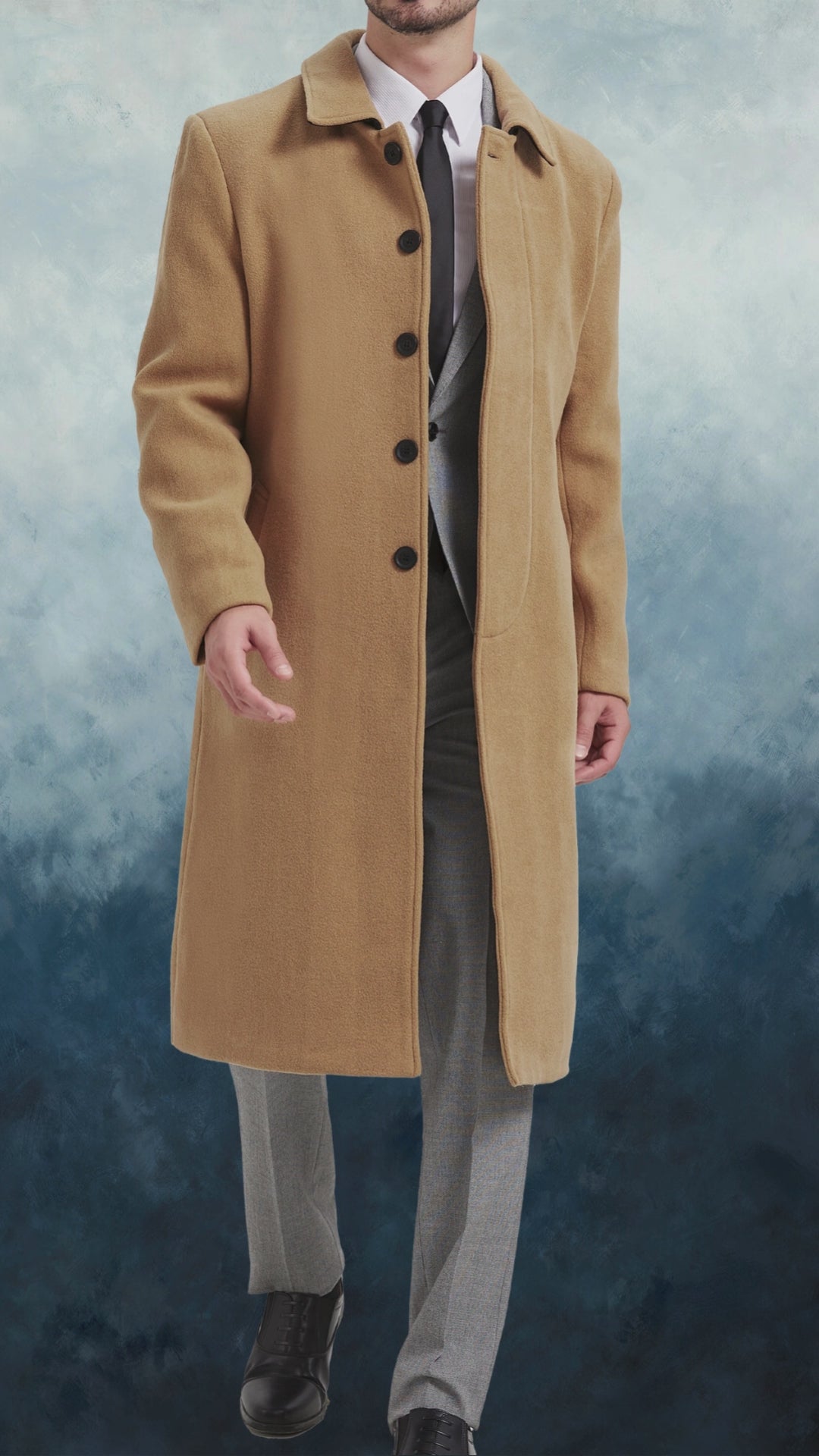 Mens Camel Long Wool Cashmere Overcoat Single Breasted Hidden Buttons ...